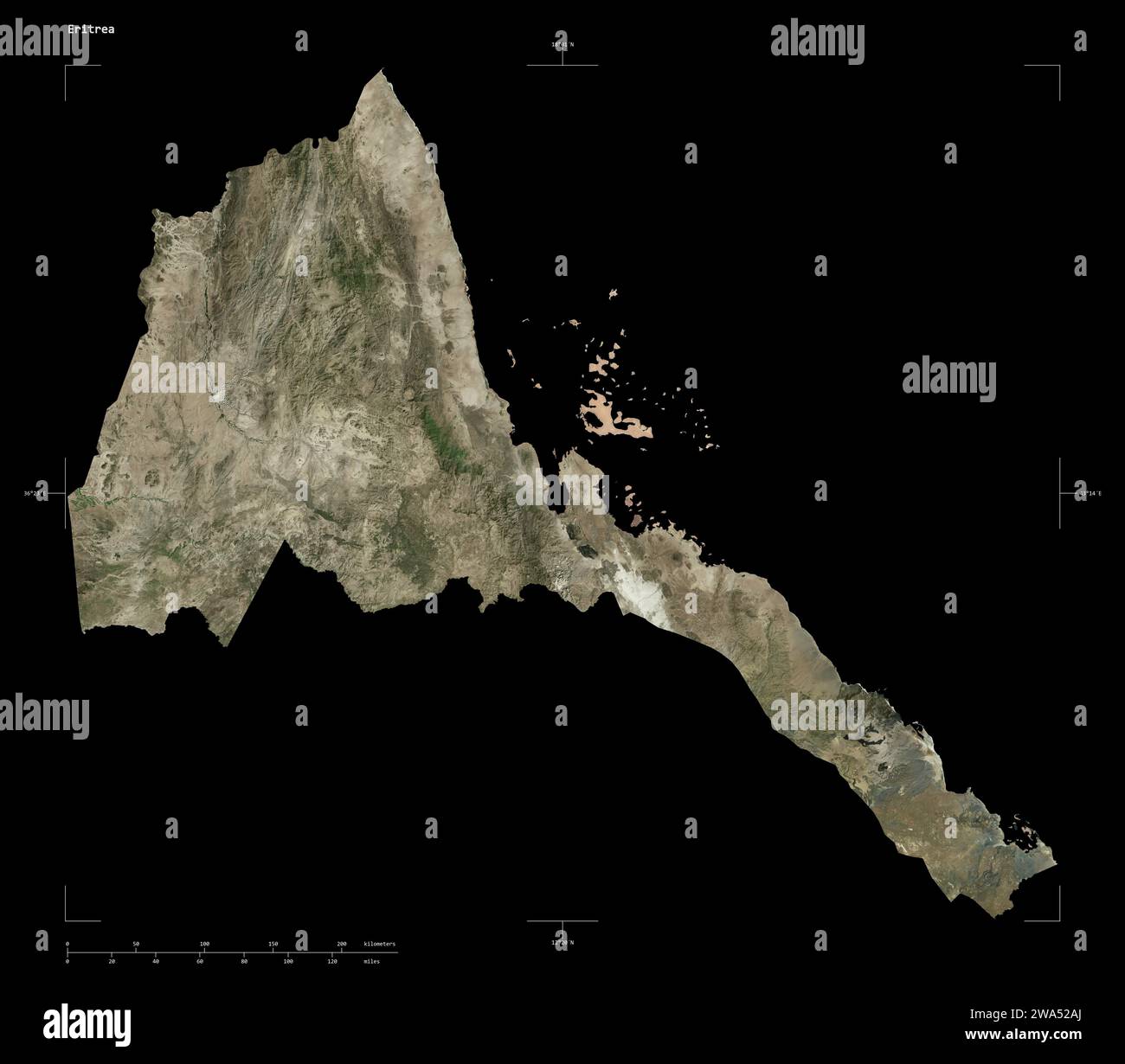 Shape of a high resolution satellite map of the Eritrea, with distance ...