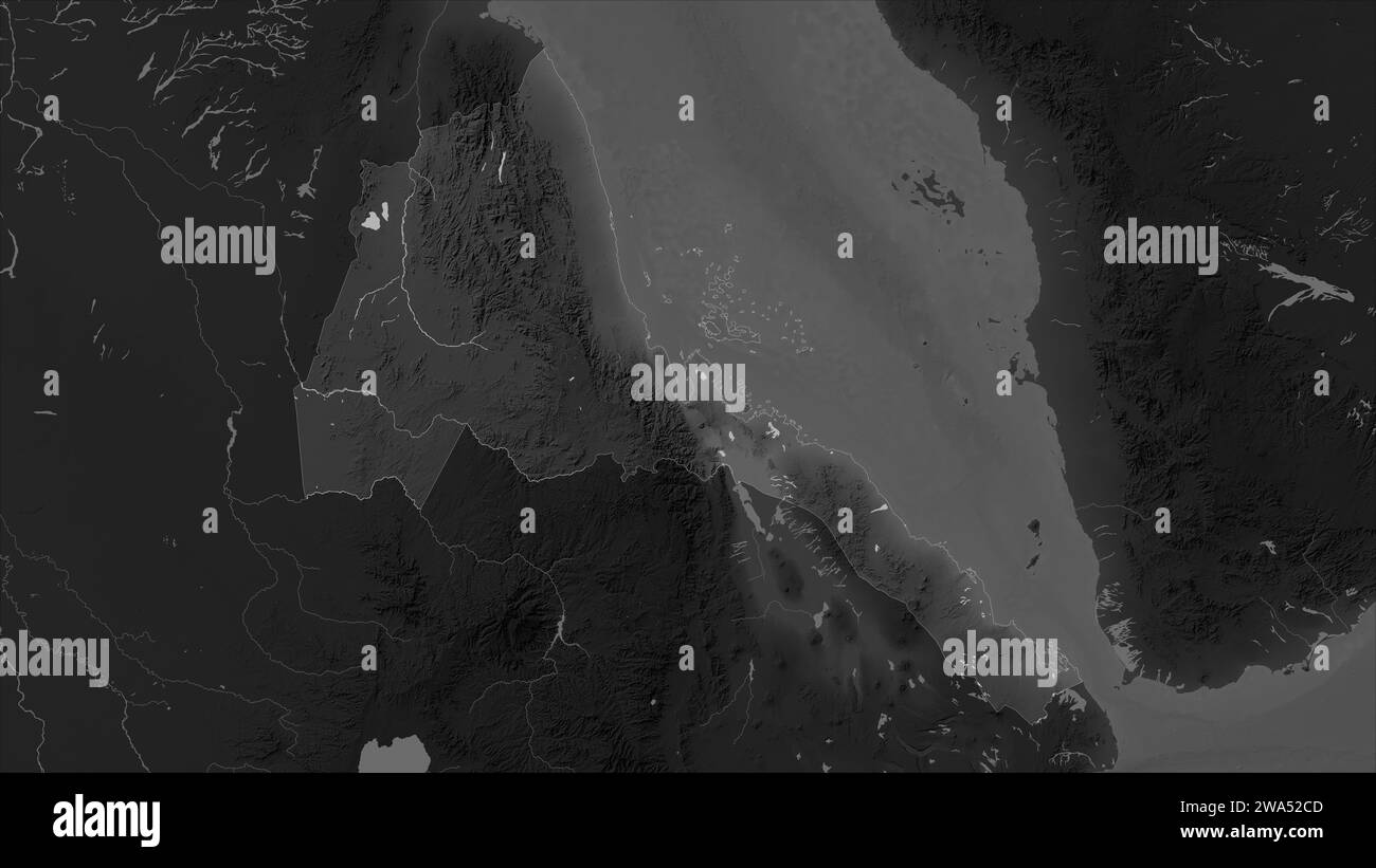 Eritrea highlighted on a Grayscale elevation map with lakes and rivers ...