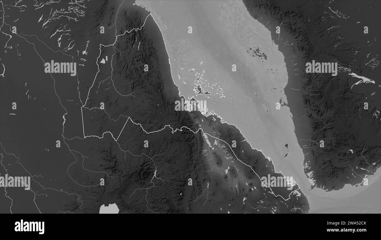Eritrea outlined on a Grayscale elevation map with lakes and rivers ...