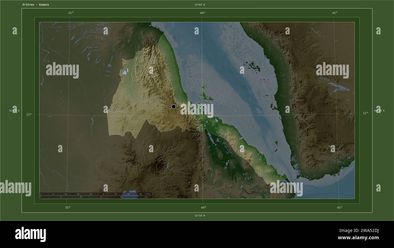 Eritrea highlighted on a Pale colored elevation map with lakes and ...