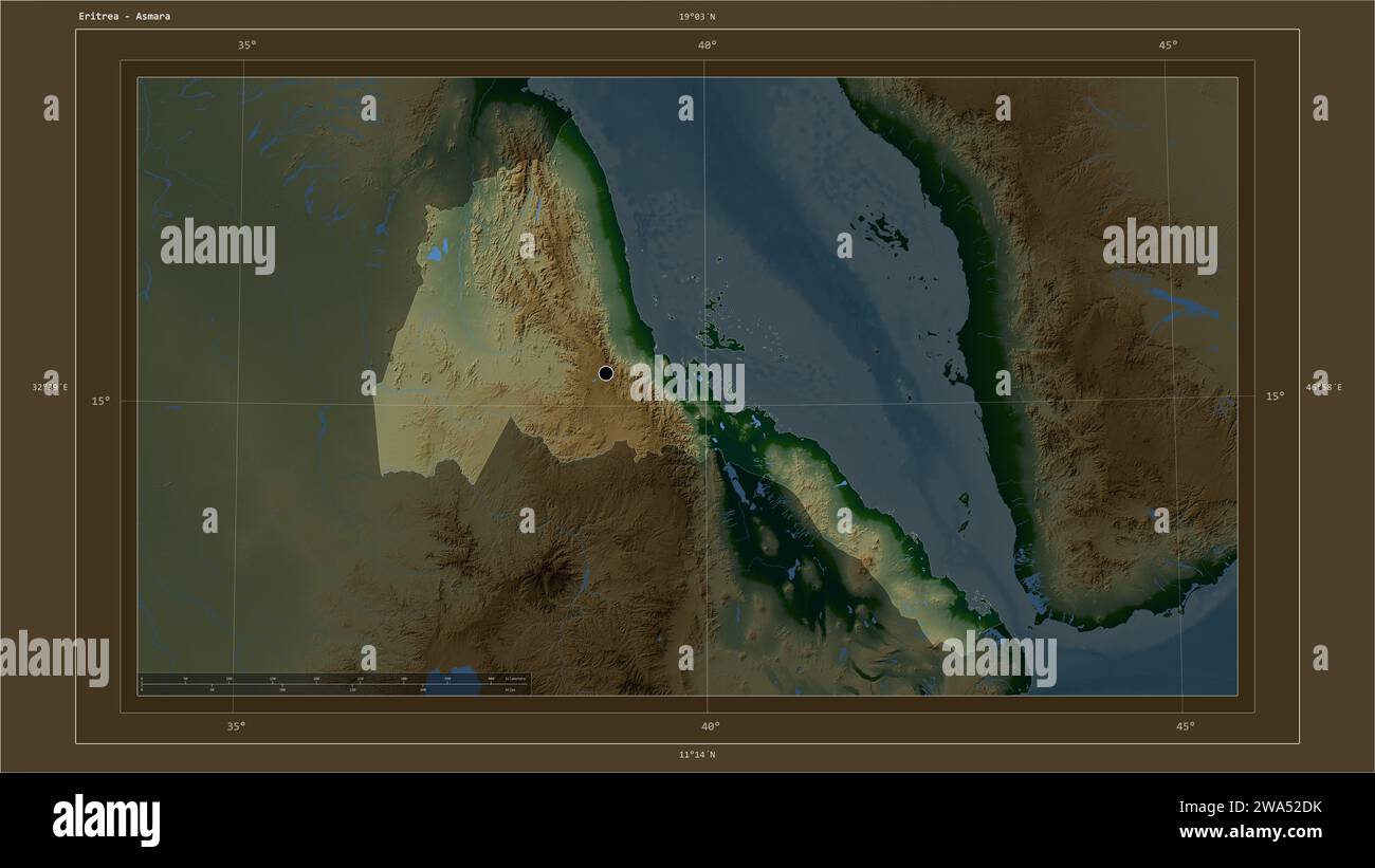 Eritrea highlighted on a Colored elevation map with lakes and rivers ...