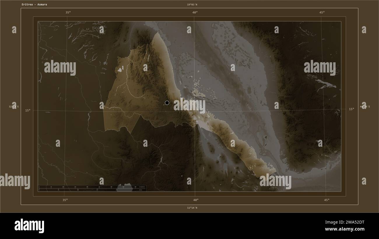 Eritrea highlighted on a elevation map colored in sepia tones with ...