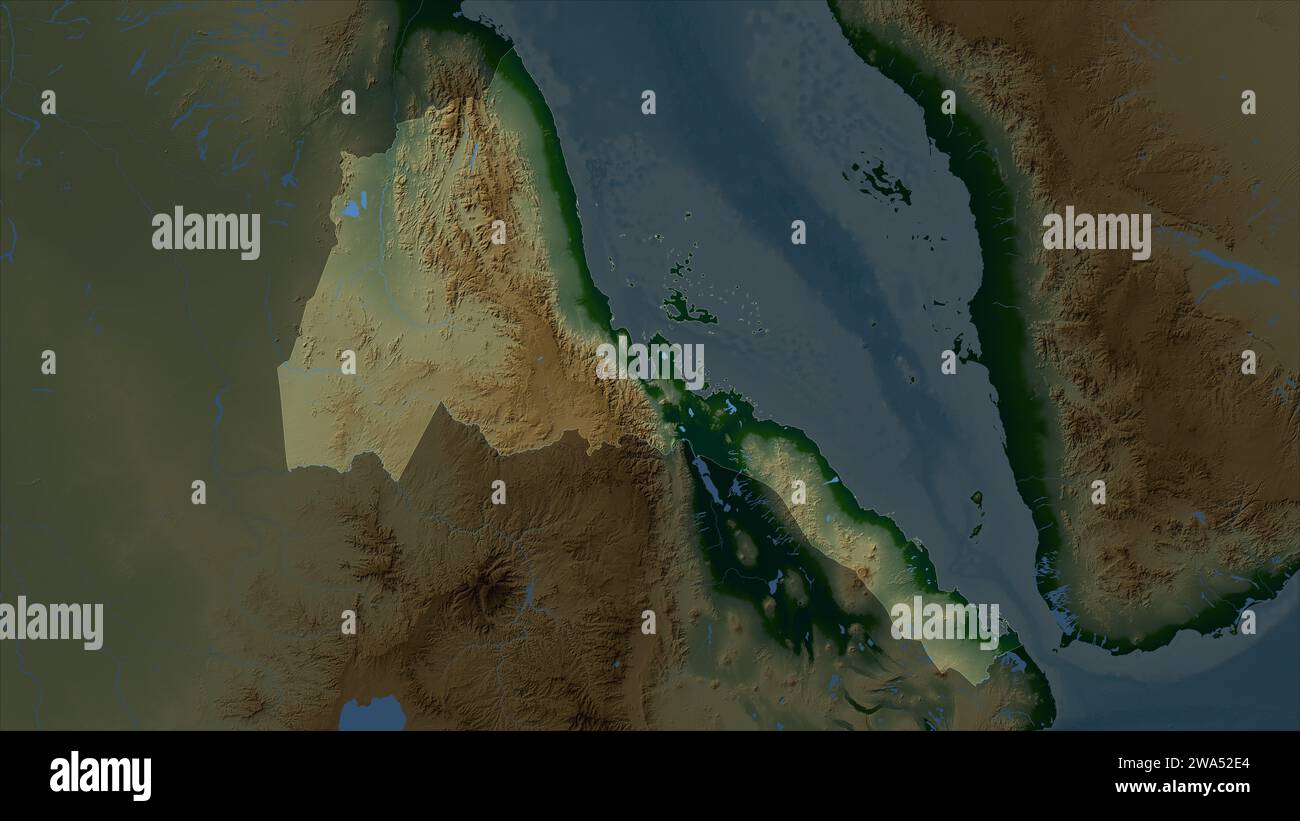 Eritrea highlighted on a Colored elevation map with lakes and rivers ...