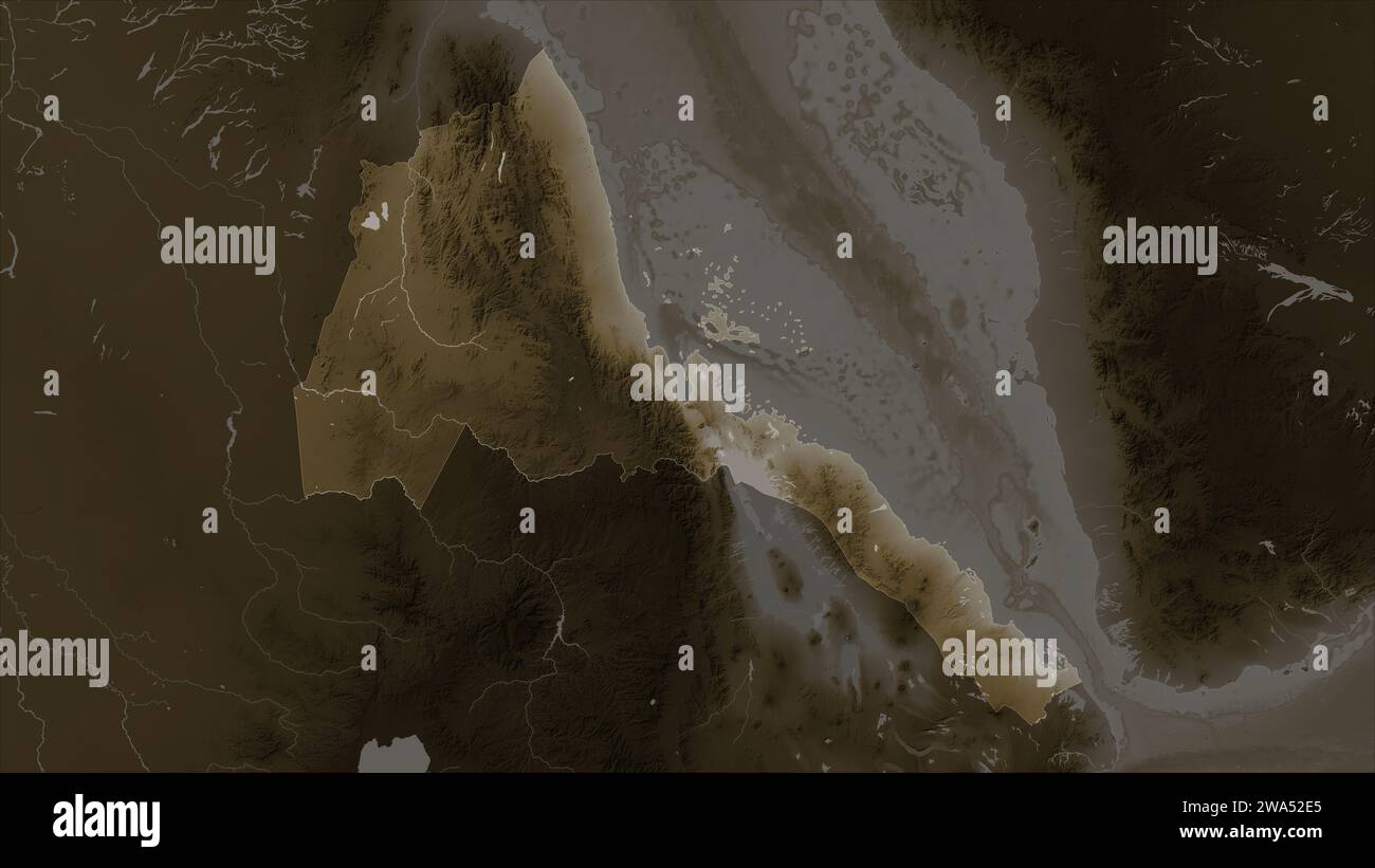 Eritrea highlighted on a elevation map colored in sepia tones with ...