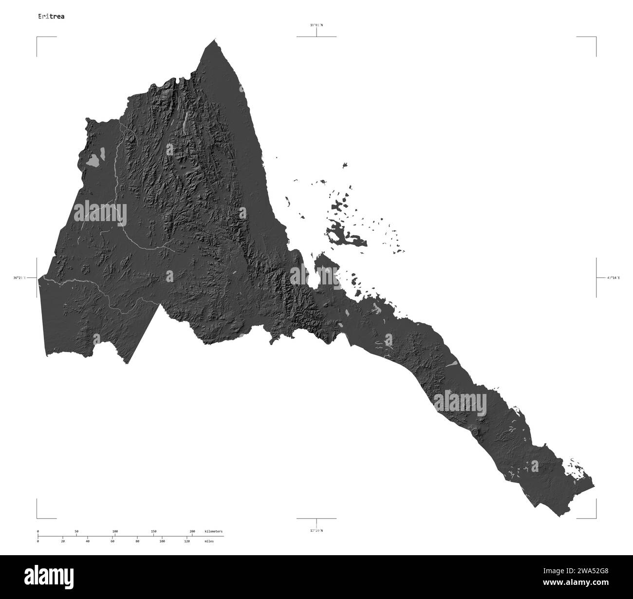 Shape of a Bilevel elevation map with lakes and rivers of the Eritrea ...