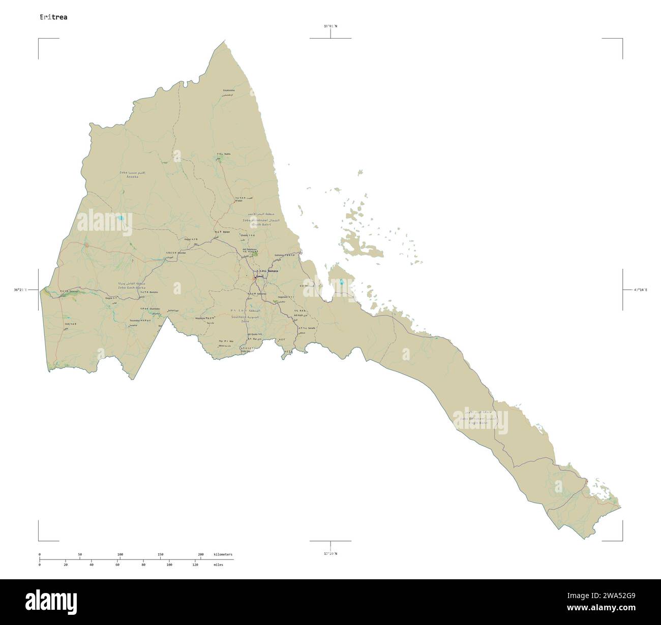 Shape of a topographic, OSM Humanitarian style map of the Eritrea, with ...