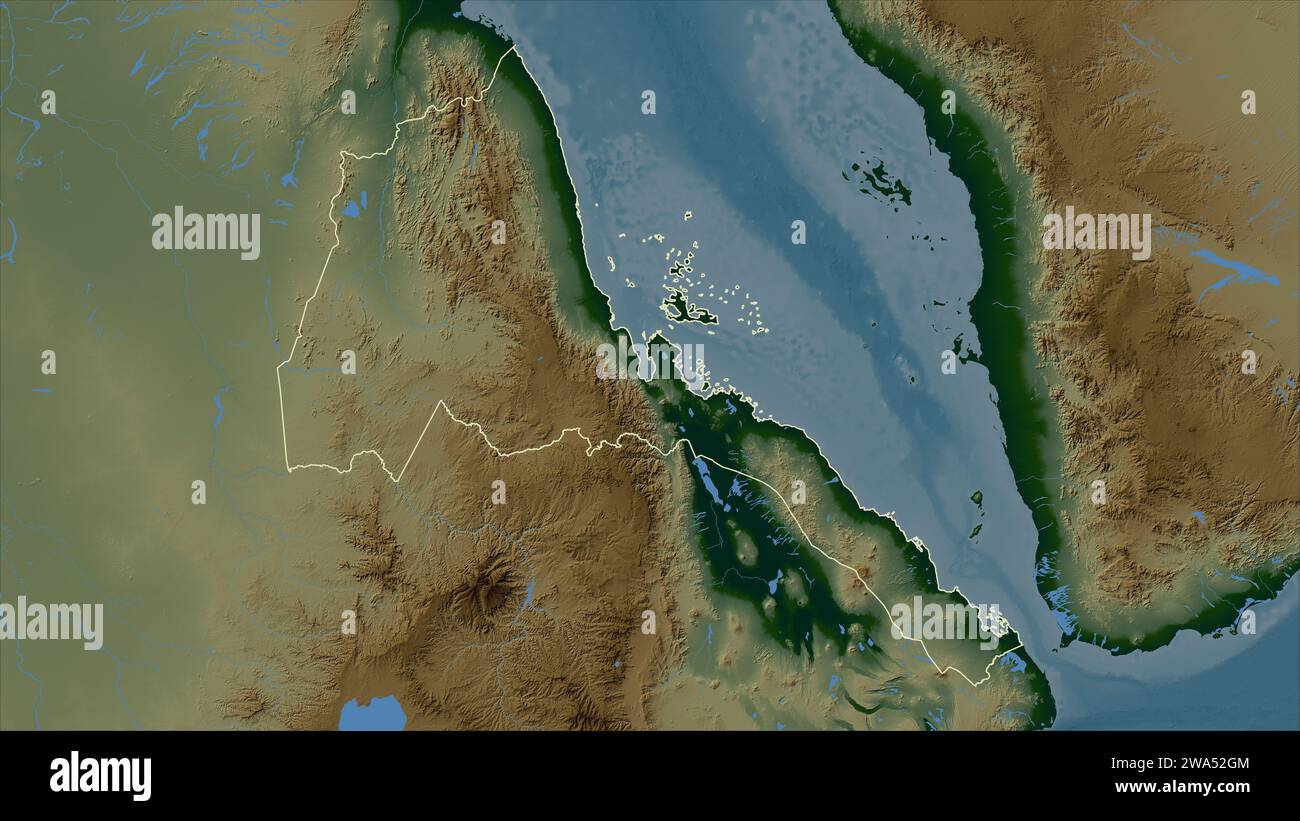 Eritrea Outlined On A Colored Elevation Map With Lakes And Rivers Stock