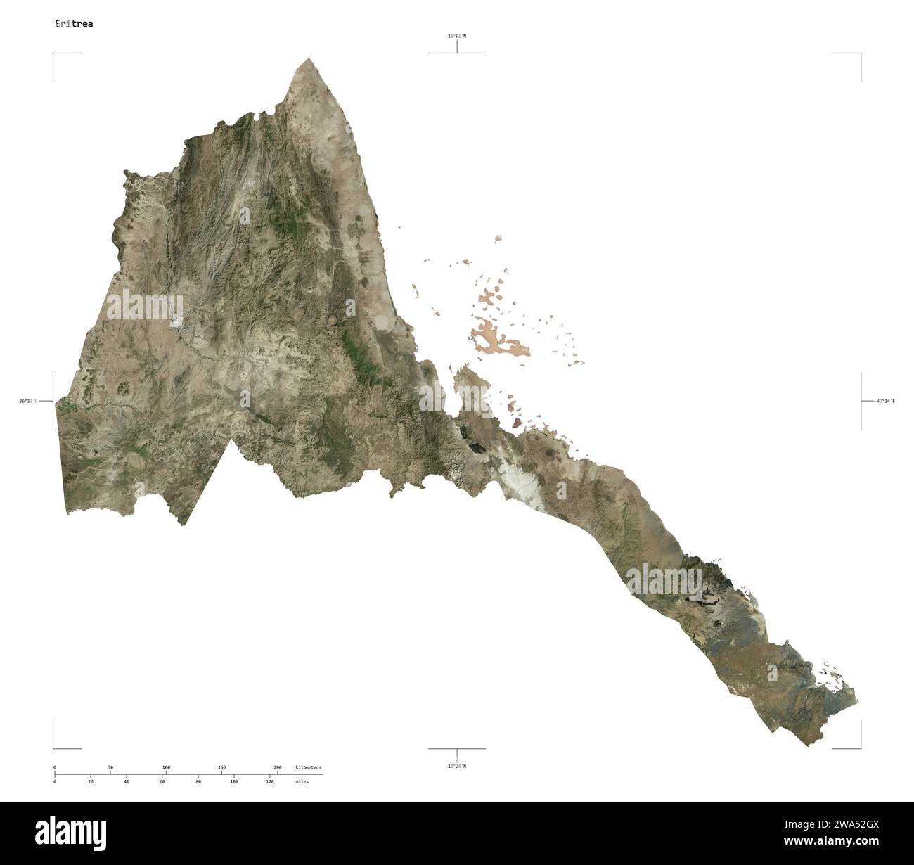 Shape of a high resolution satellite map of the Eritrea, with distance ...