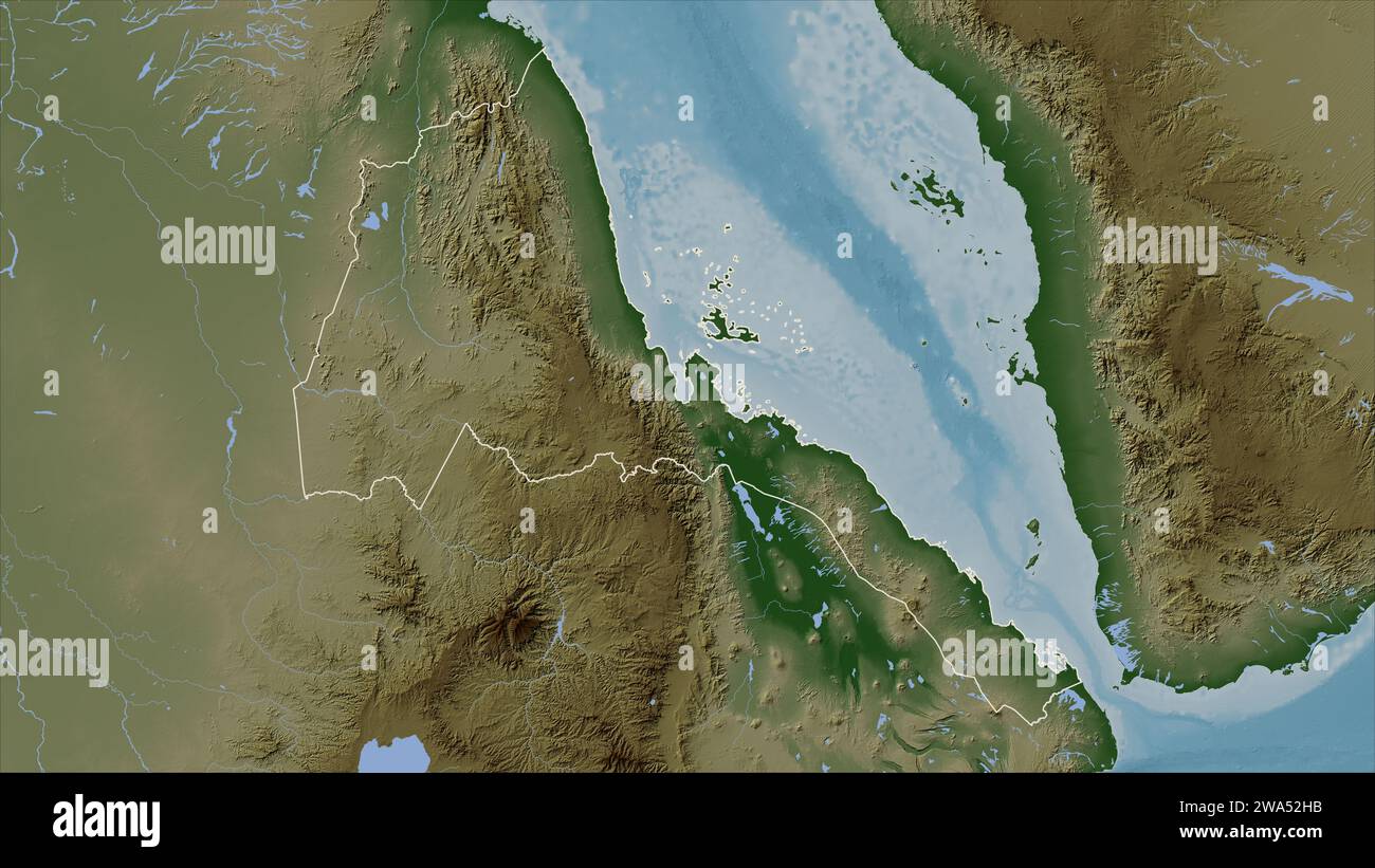 Eritrea outlined on a Pale colored elevation map with lakes and rivers ...