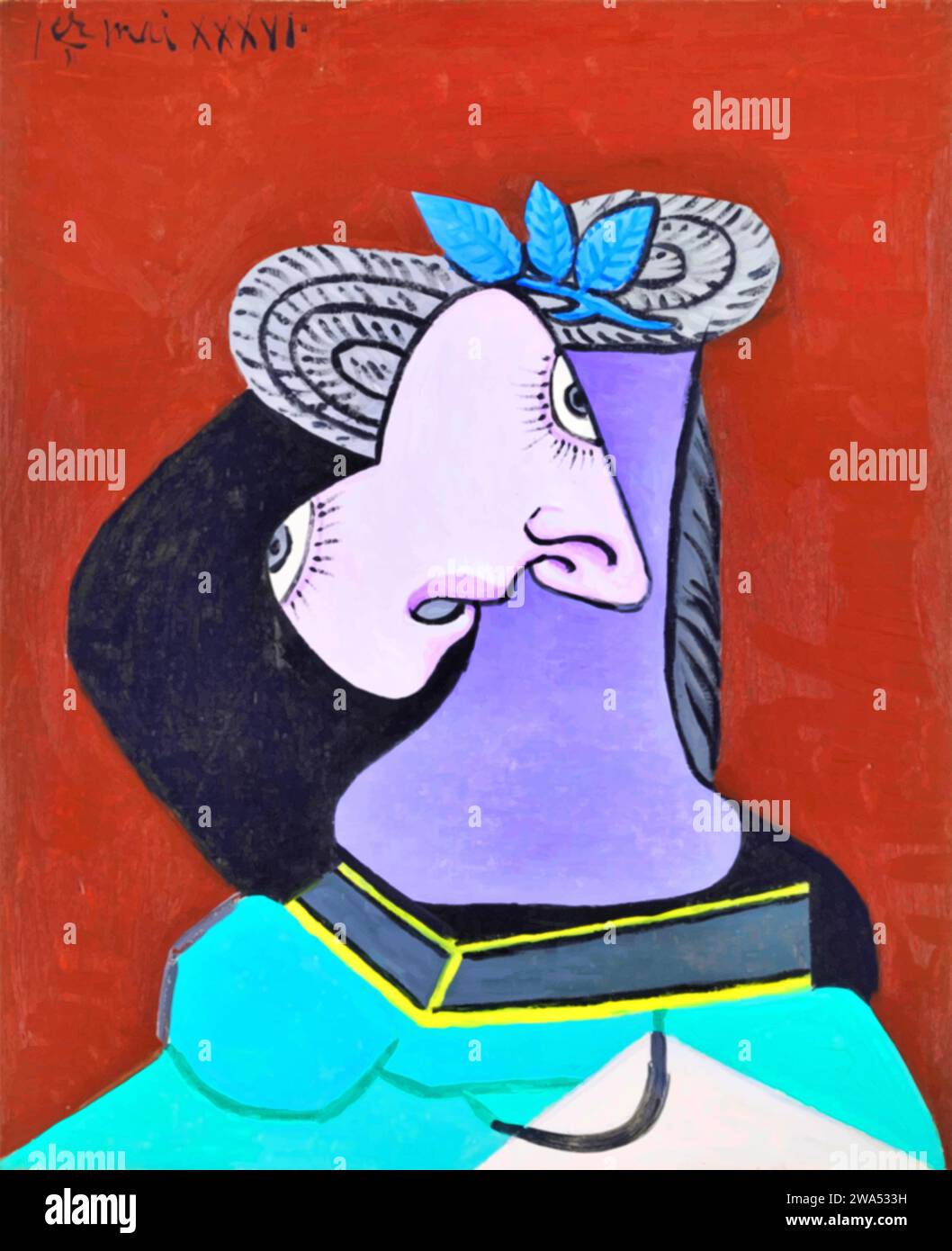 The Straw Hat with Blue Leaves, 1936 (Painting) by Artist Picasso ...