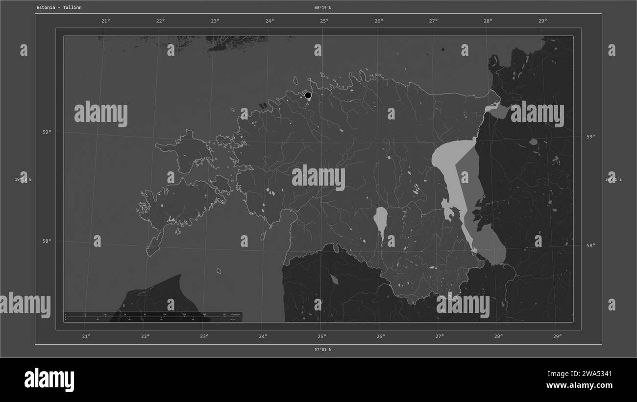 Estonia highlighted on a Bilevel elevation map with lakes and rivers ...