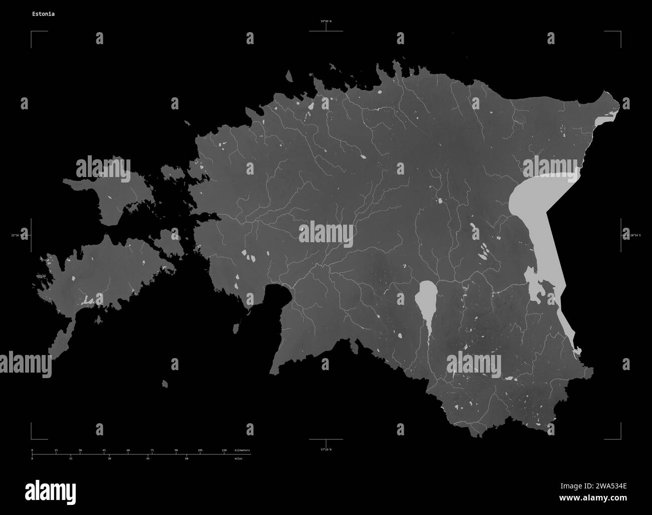 Shape of a Grayscale elevation map with lakes and rivers of the Estonia ...