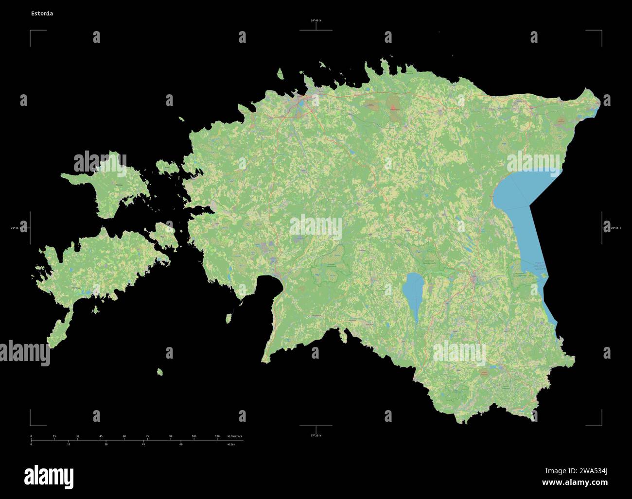 Shape of a topographic, OSM standard style map of the Estonia, with distance scale and map ...