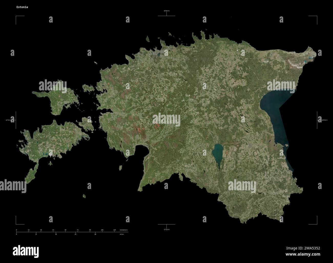 Shape of a high resolution satellite map of the Estonia, with distance ...
