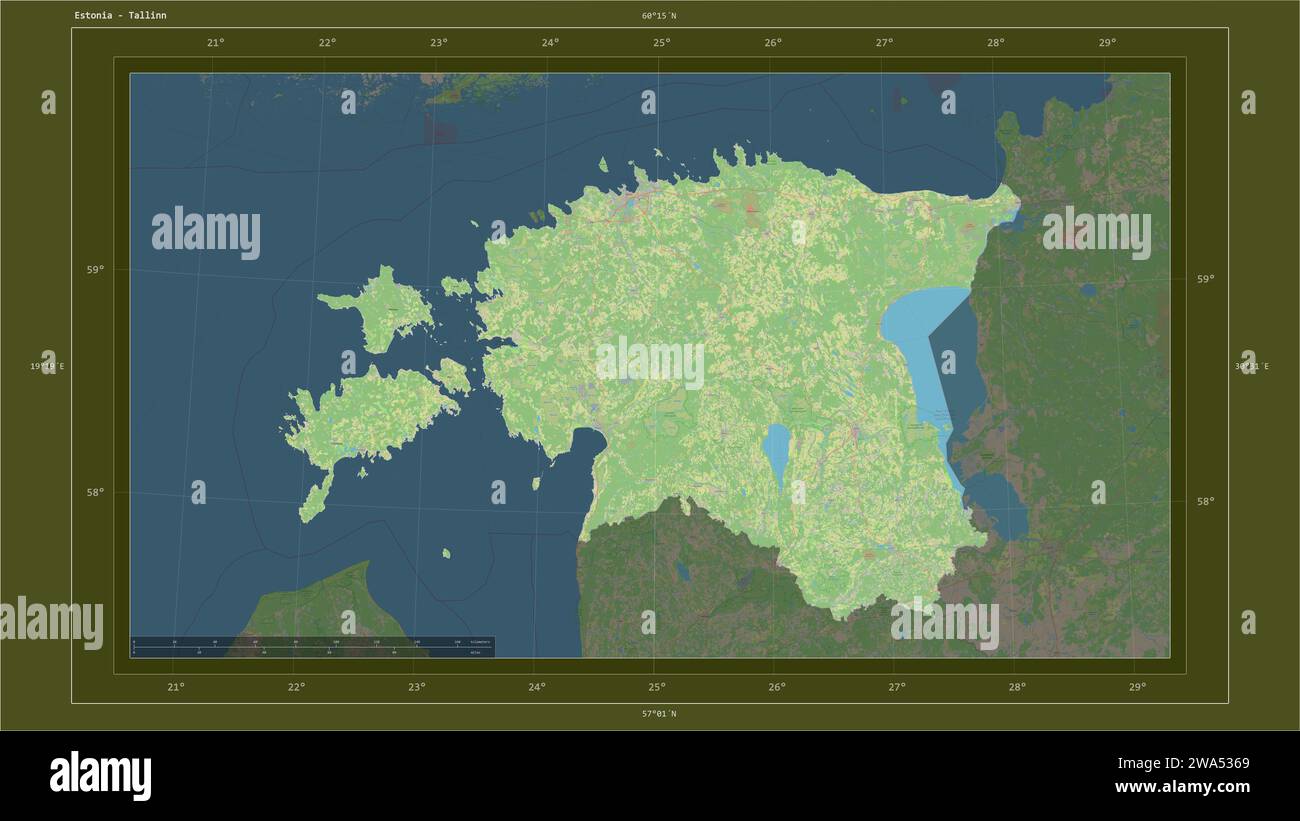 Estonia highlighted on a topographic, OSM standard style map map with the country's capital ...