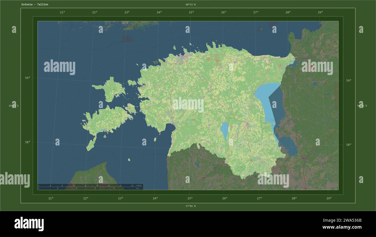 Estonia highlighted on a topographic, OSM Germany style map map with the country's capital point ...