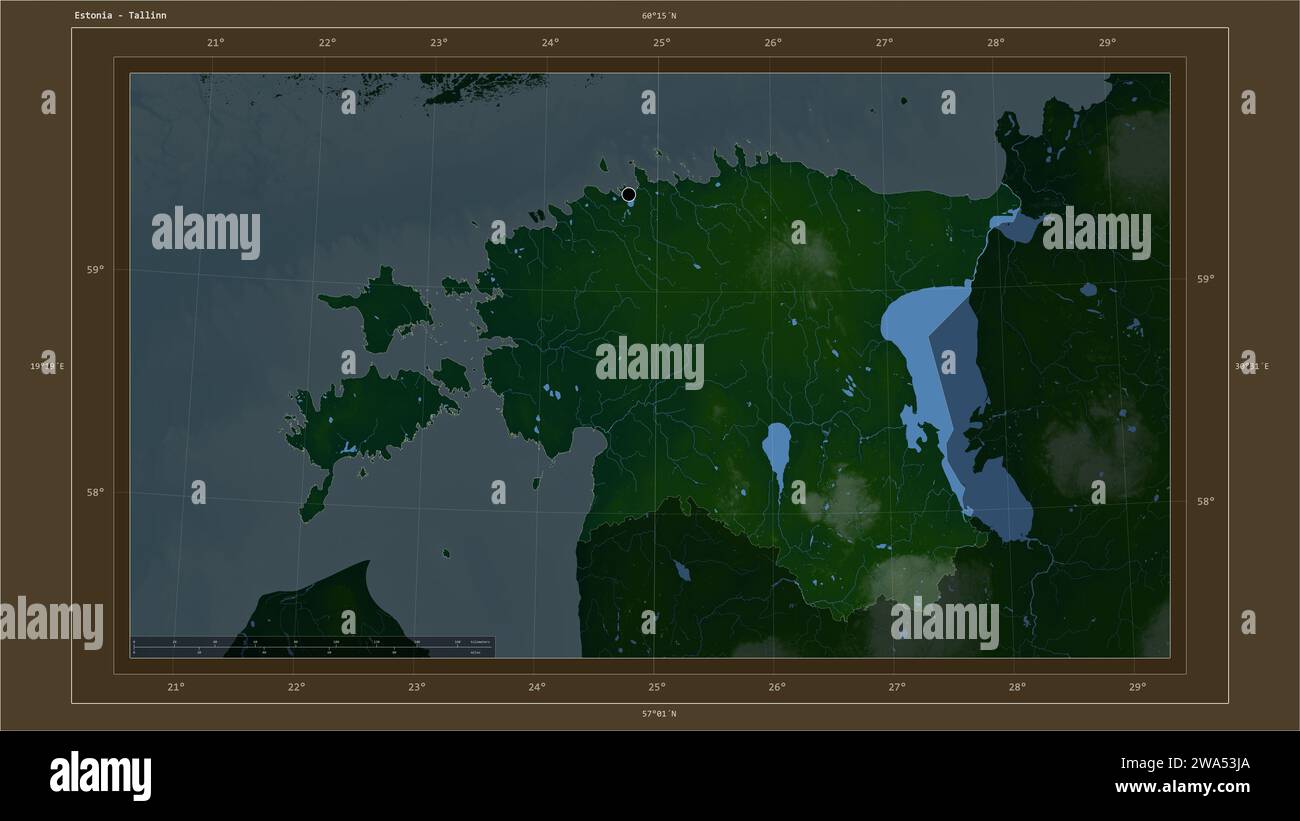Estonia highlighted on a Colored elevation map with lakes and rivers ...