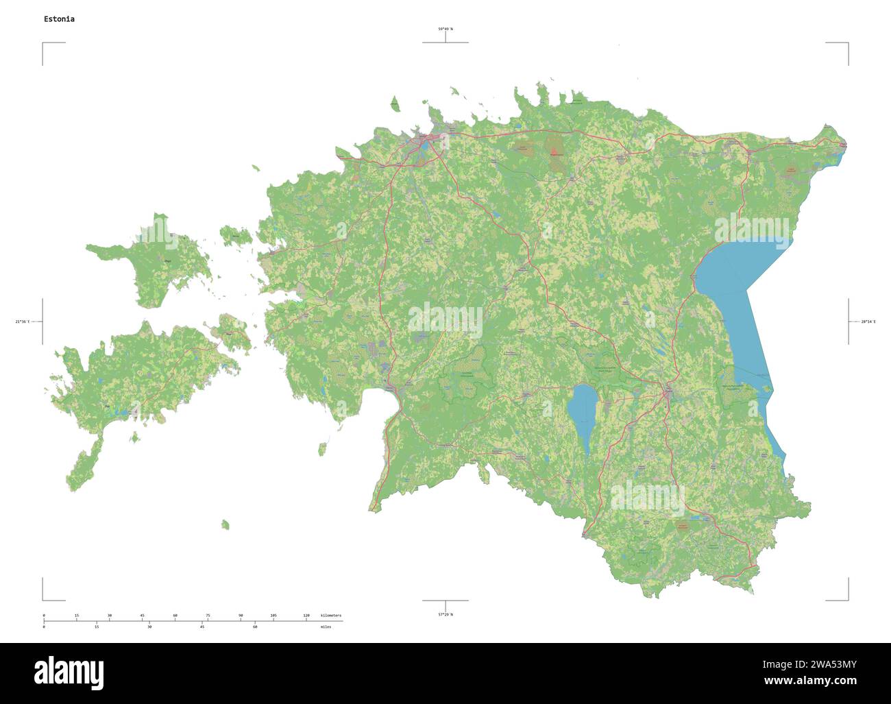 Shape of a topographic, OSM Germany style map of the Estonia, with ...