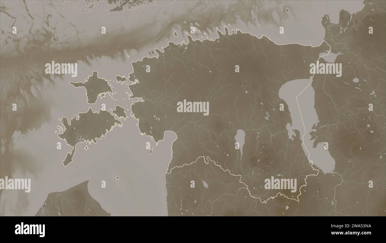 Estonia outlined on a elevation map colored in sepia tones with lakes ...