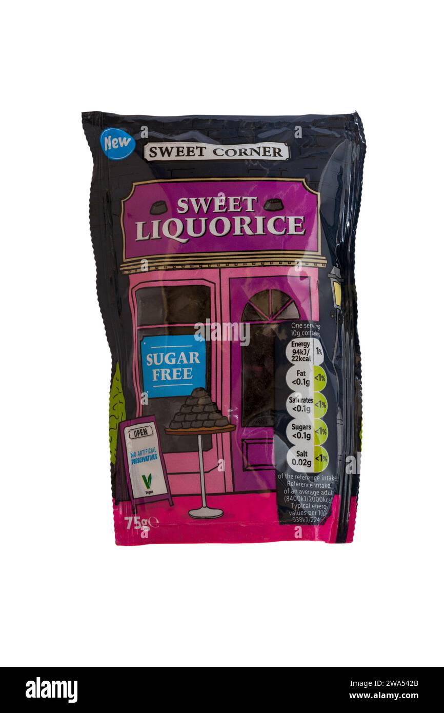 Packet of Sweet Liquorice from Sweet Corner sugar free isolated on ...