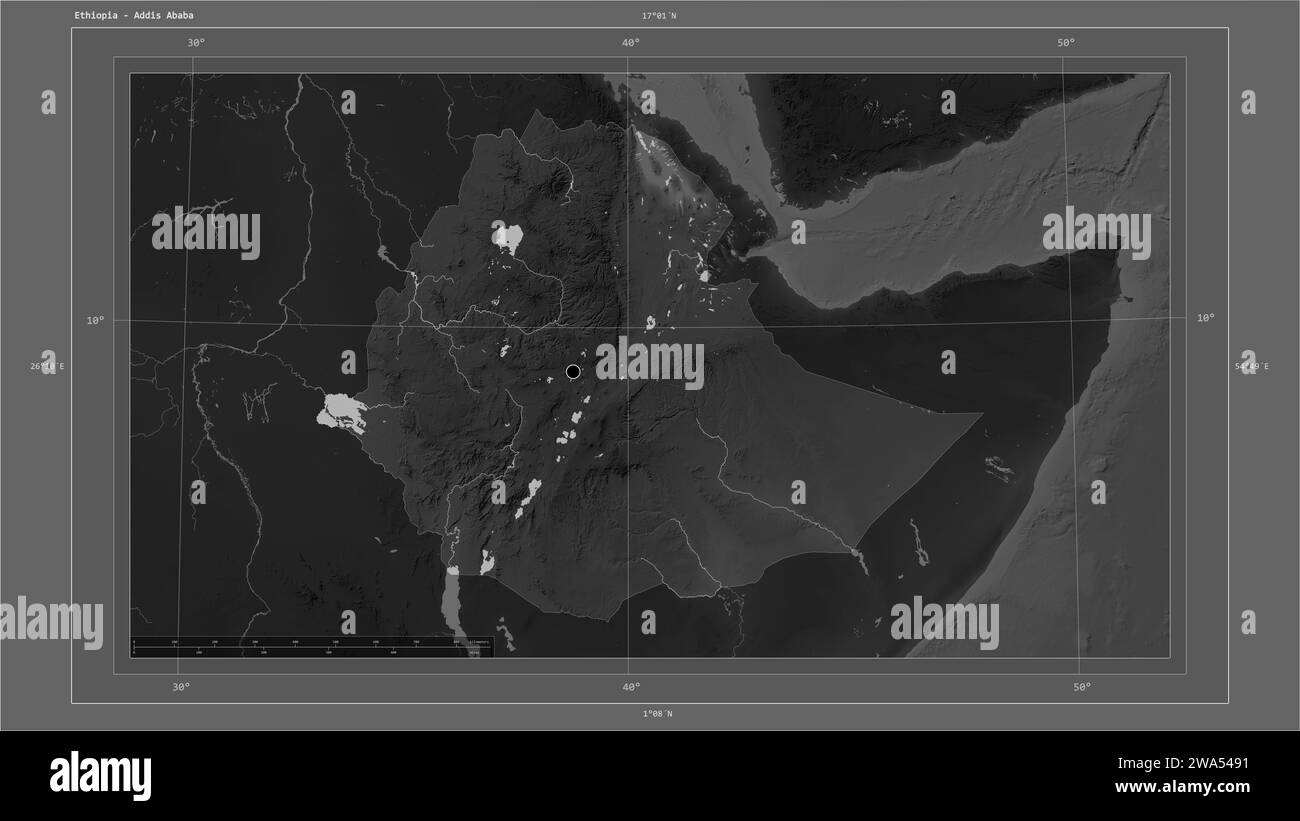 Ethiopia highlighted on a Grayscale elevation map with lakes and rivers ...