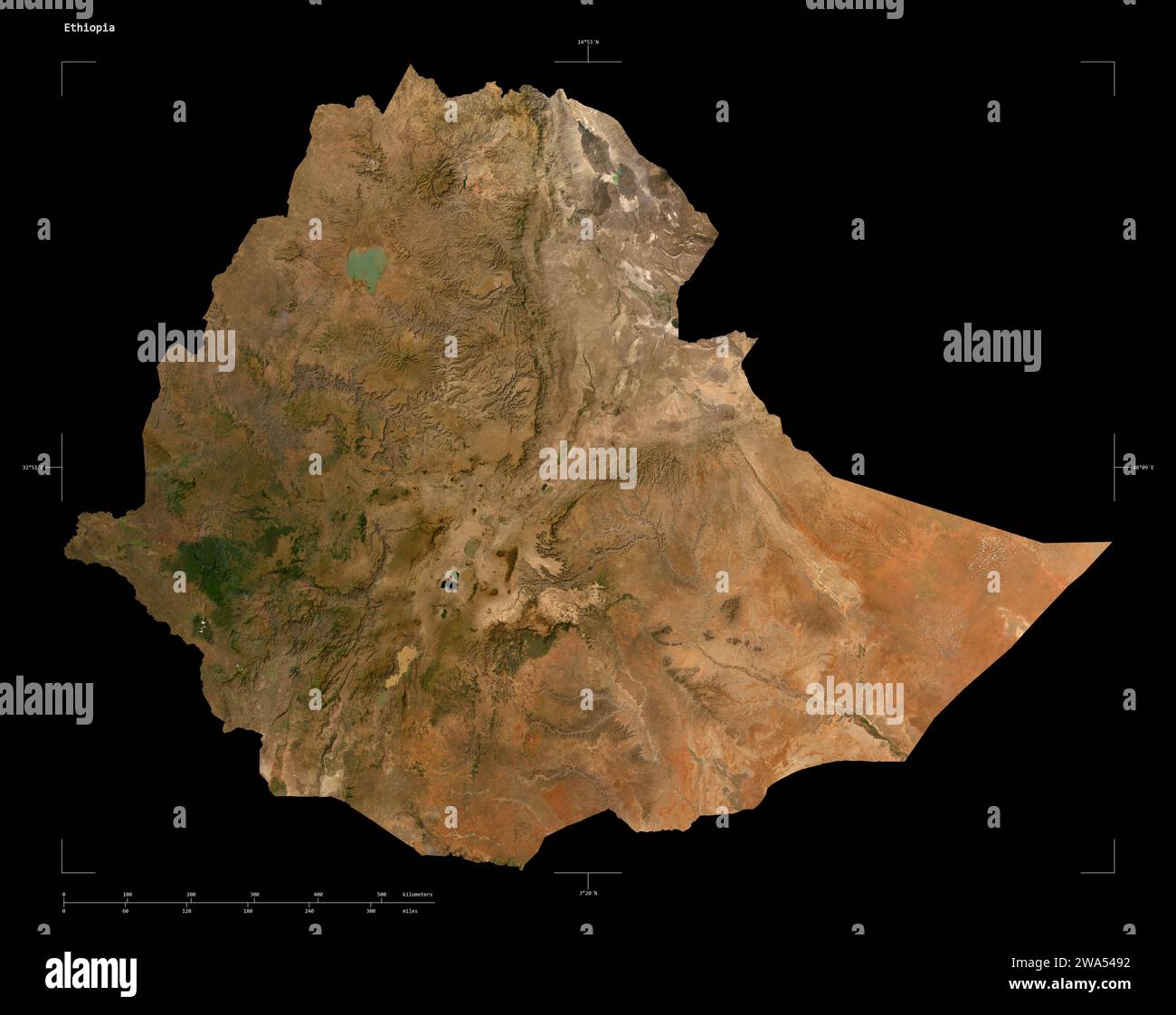 Shape of a low resolution satellite map of the Ethiopia, with distance scale and map border ...