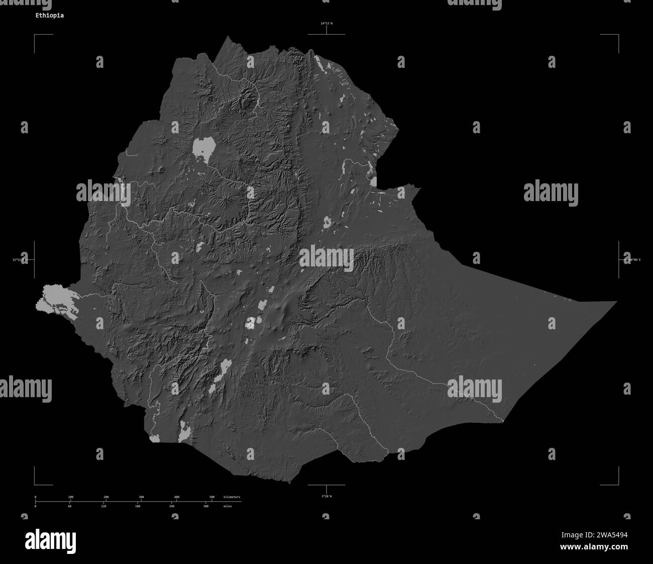Shape of a Bilevel elevation map with lakes and rivers of the Ethiopia ...