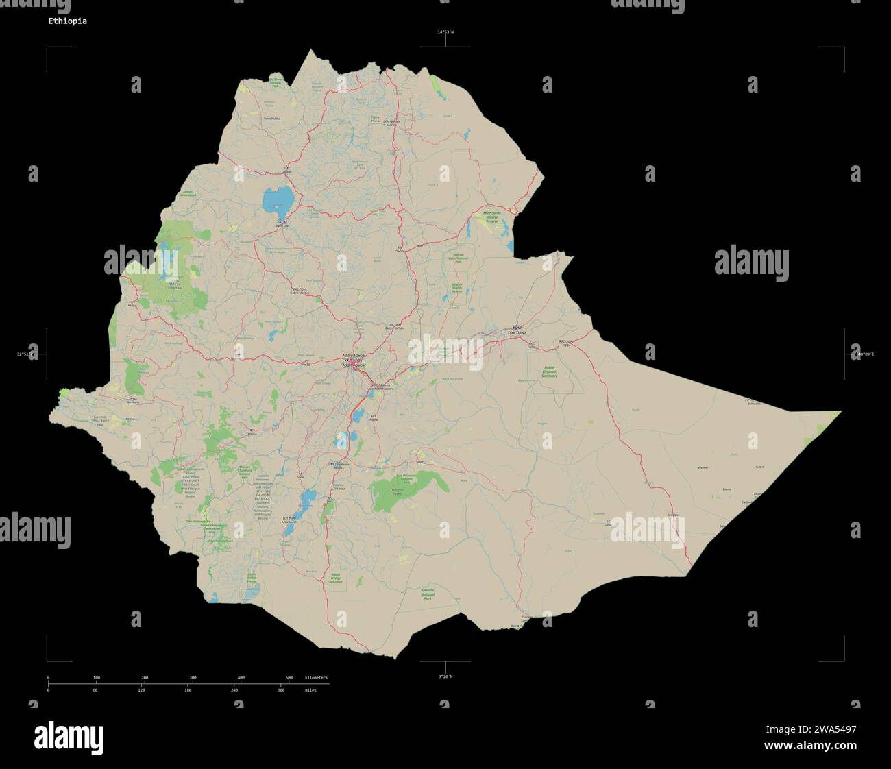 Shape of a topographic, OSM Germany style map of the Ethiopia, with distance scale and map ...