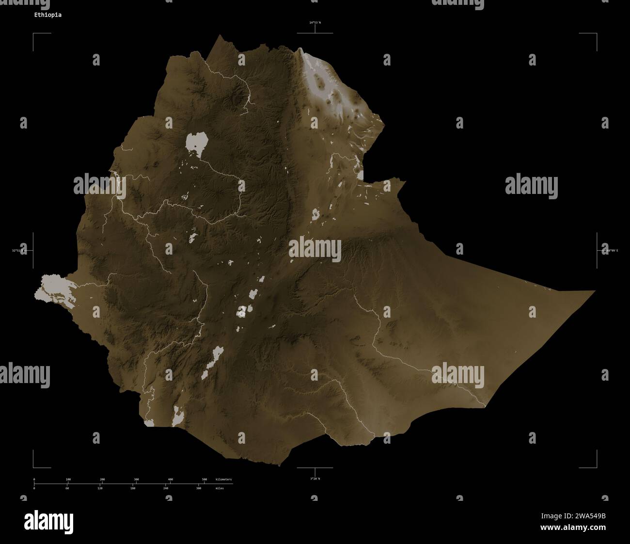 Shape of a elevation map colored in sepia tones with lakes and rivers ...