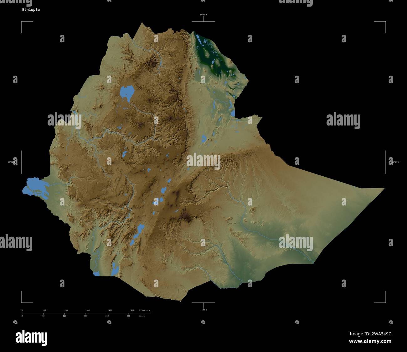 Shape of a Colored elevation map with lakes and rivers of the Ethiopia, with distance scale and ...