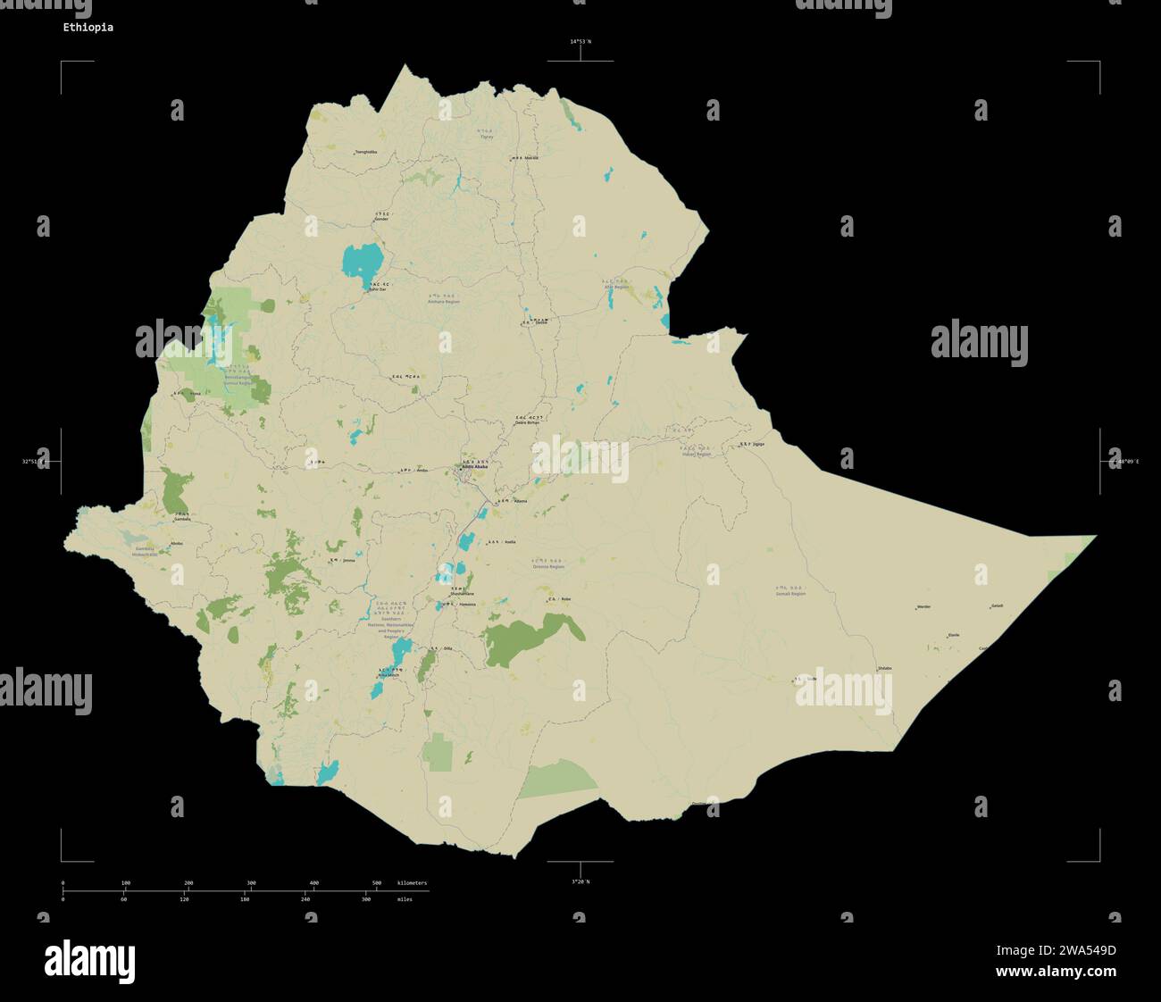 Shape of a topographic, OSM Humanitarian style map of the Ethiopia ...