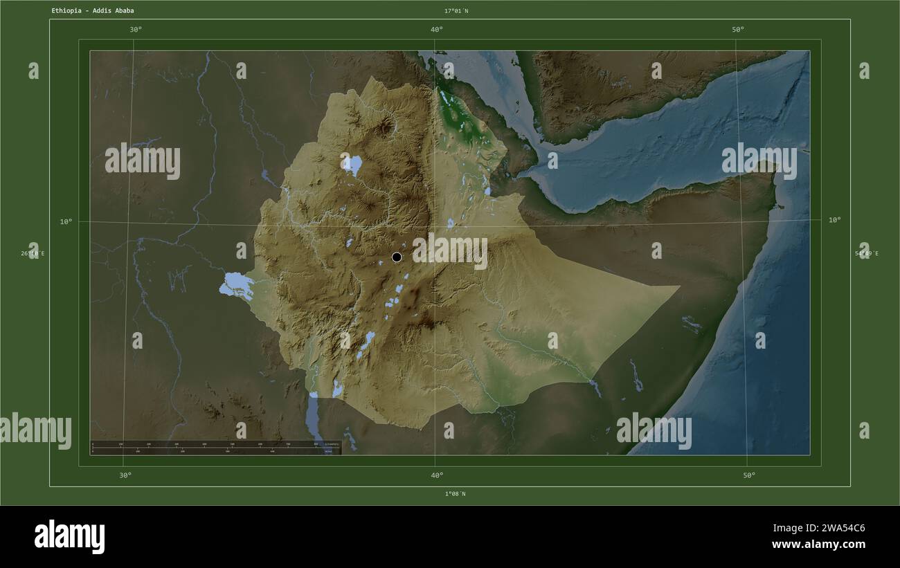 Ethiopia highlighted on a Pale colored elevation map with lakes and rivers map with the country ...