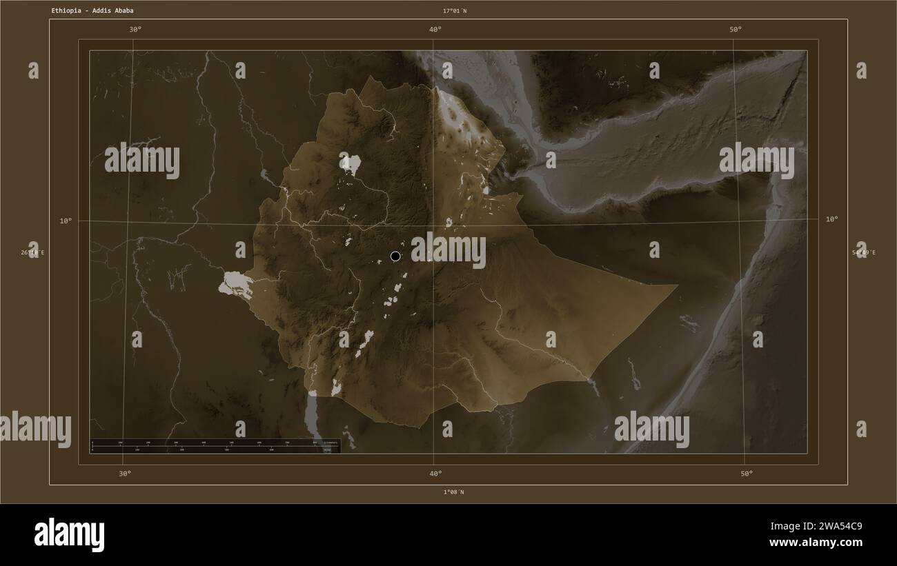 Ethiopia highlighted on a elevation map colored in sepia tones with ...