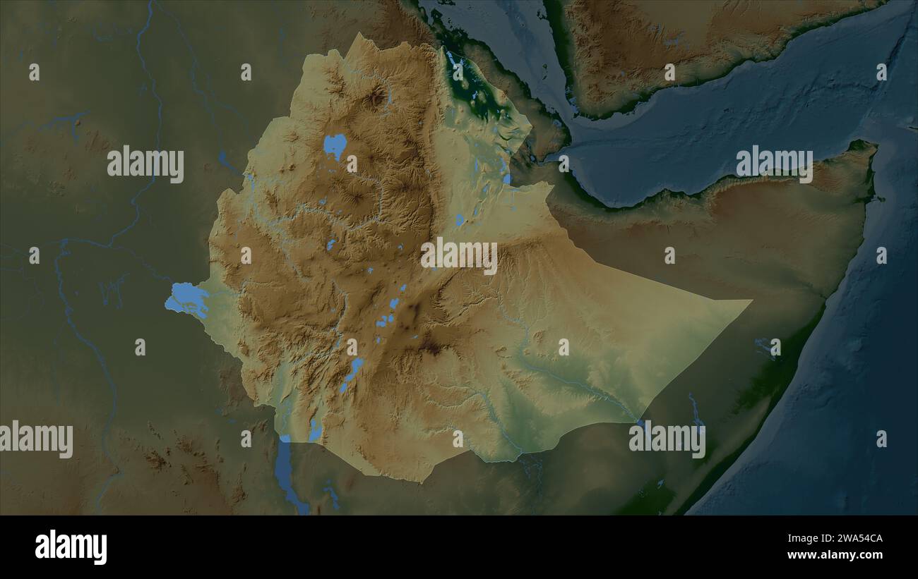 Ethiopia highlighted on a Colored elevation map with lakes and rivers ...