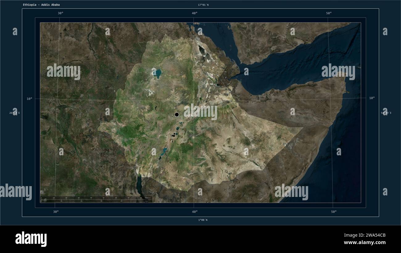 Ethiopia highlighted on a high resolution satellite map map with the country's capital point ...