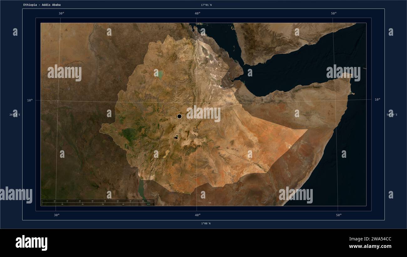 Ethiopia highlighted on a low resolution satellite map map with the country's capital point ...