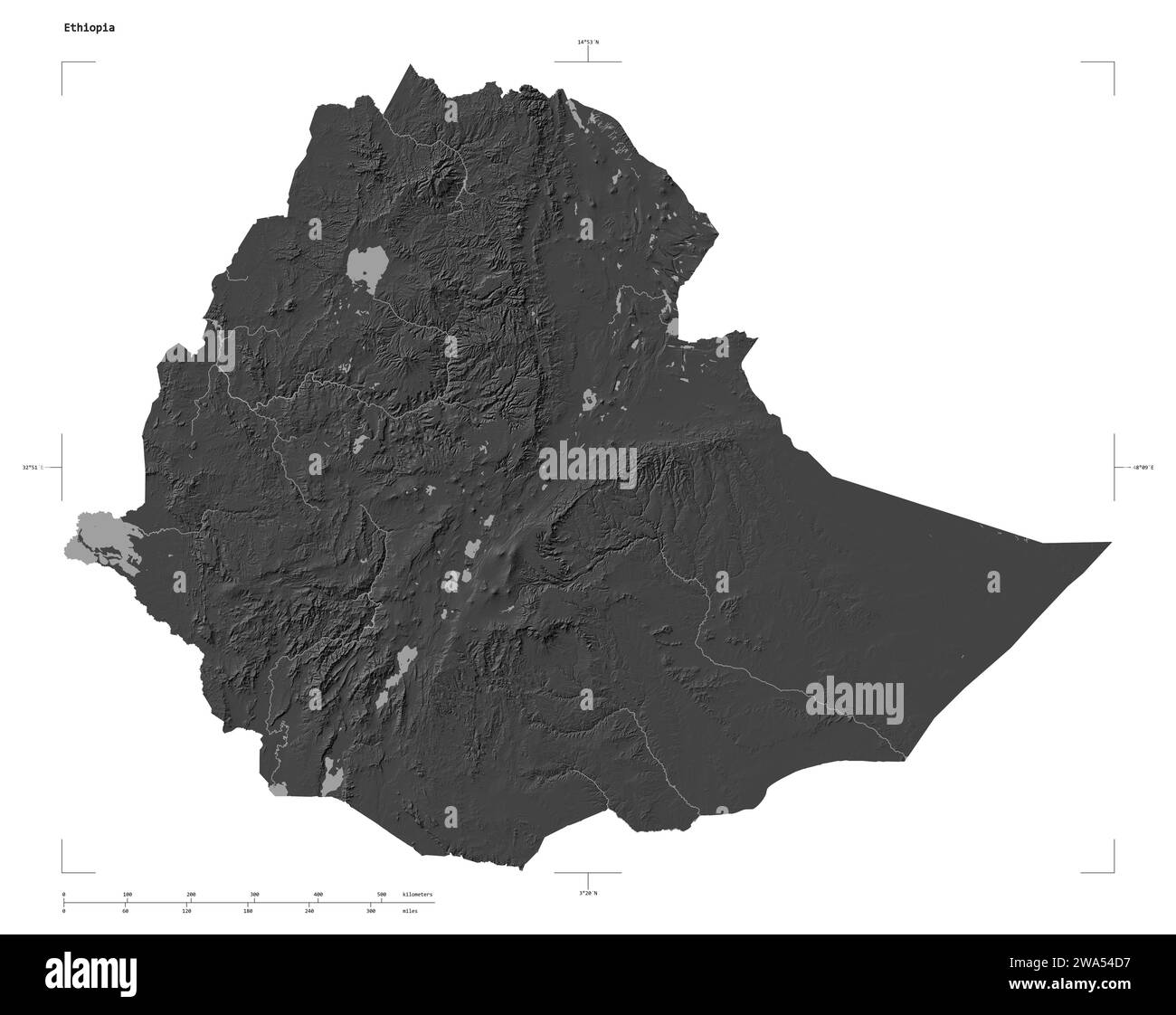 Shape of a Bilevel elevation map with lakes and rivers of the Ethiopia ...