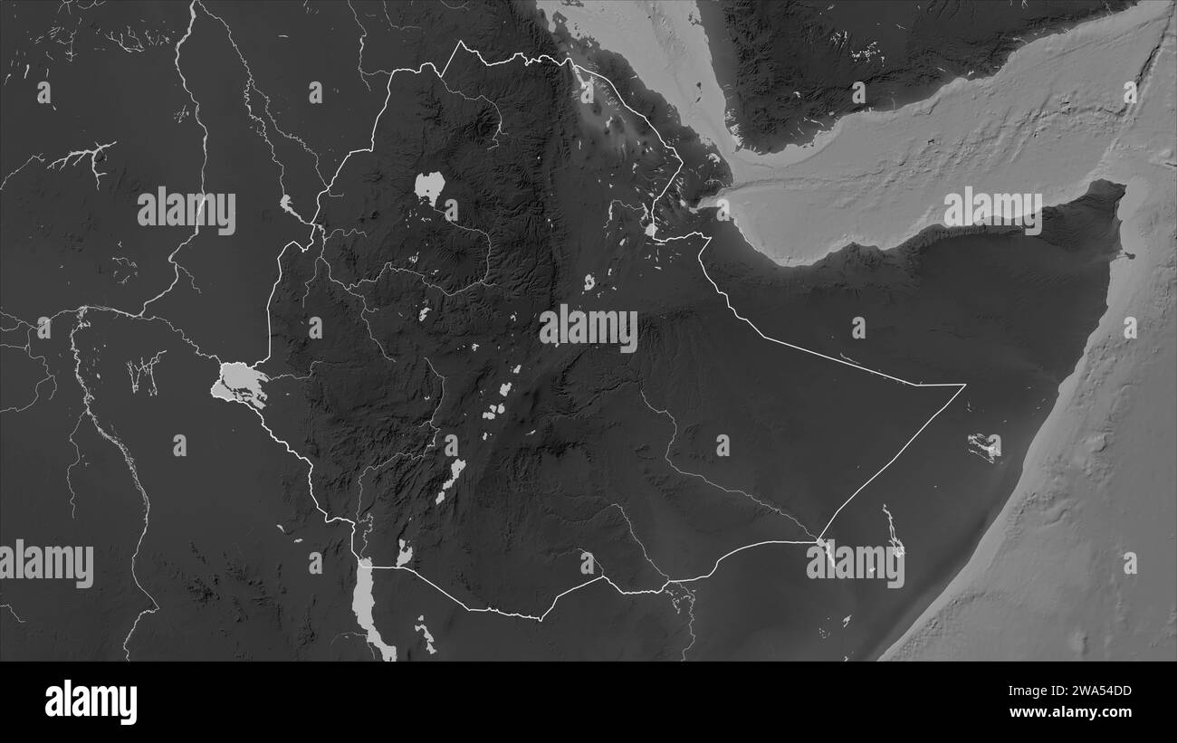 Ethiopia outlined on a Grayscale elevation map with lakes and rivers ...