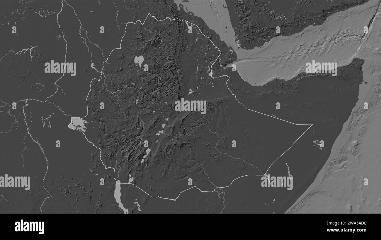 Ethiopia outlined on a Bilevel elevation map with lakes and rivers ...