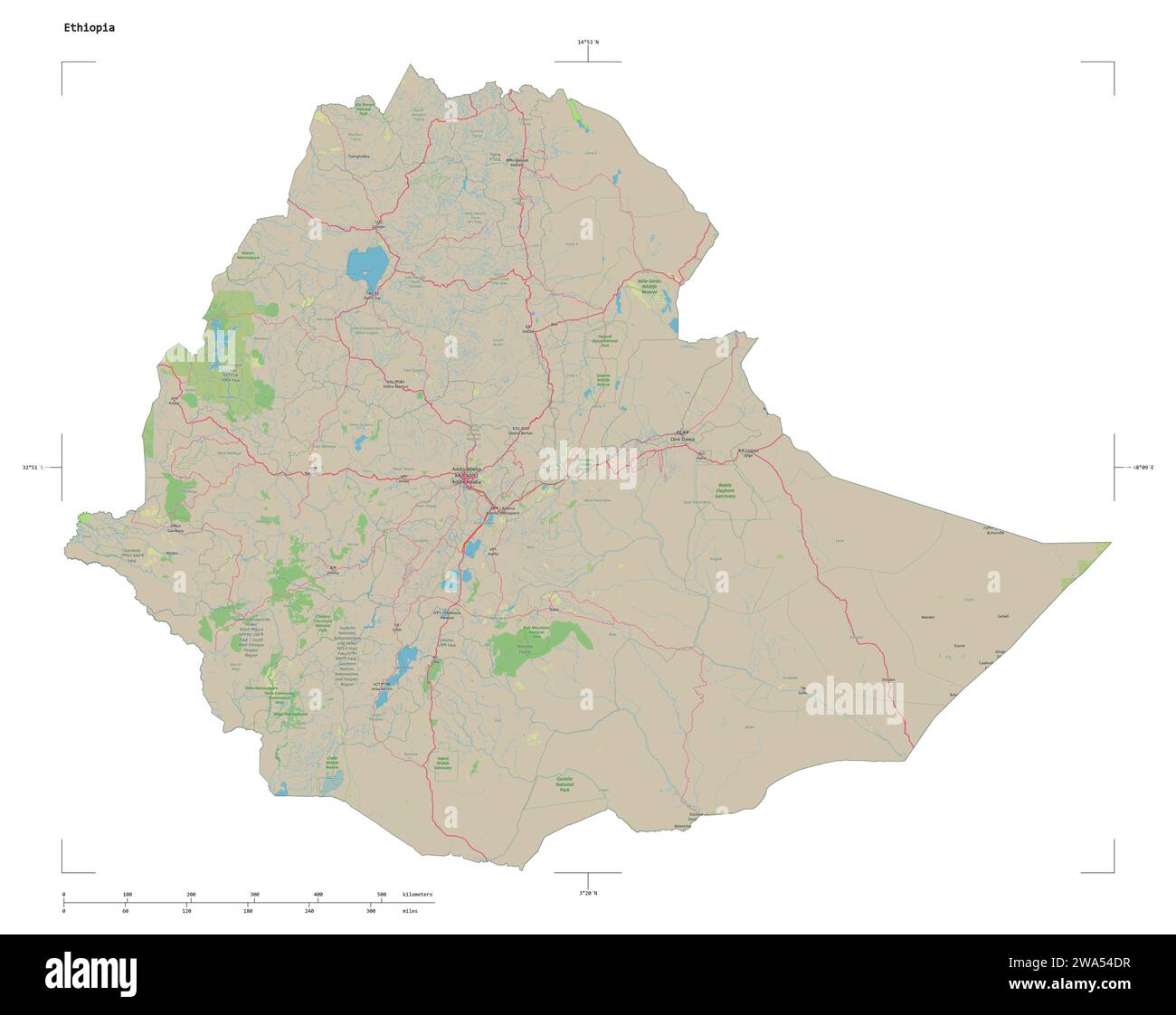Shape of a topographic, OSM Germany style map of the Ethiopia, with distance scale and map ...