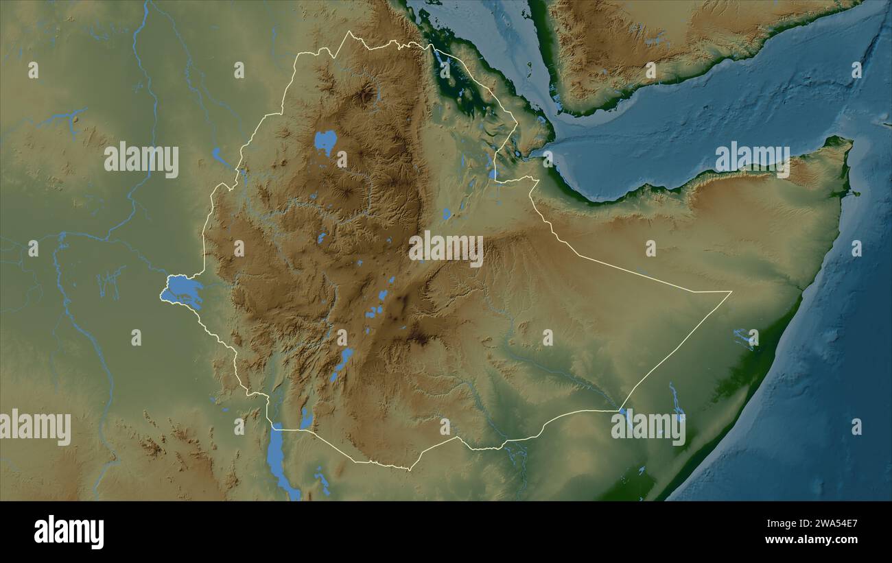 Ethiopia outlined on a Colored elevation map with lakes and rivers ...