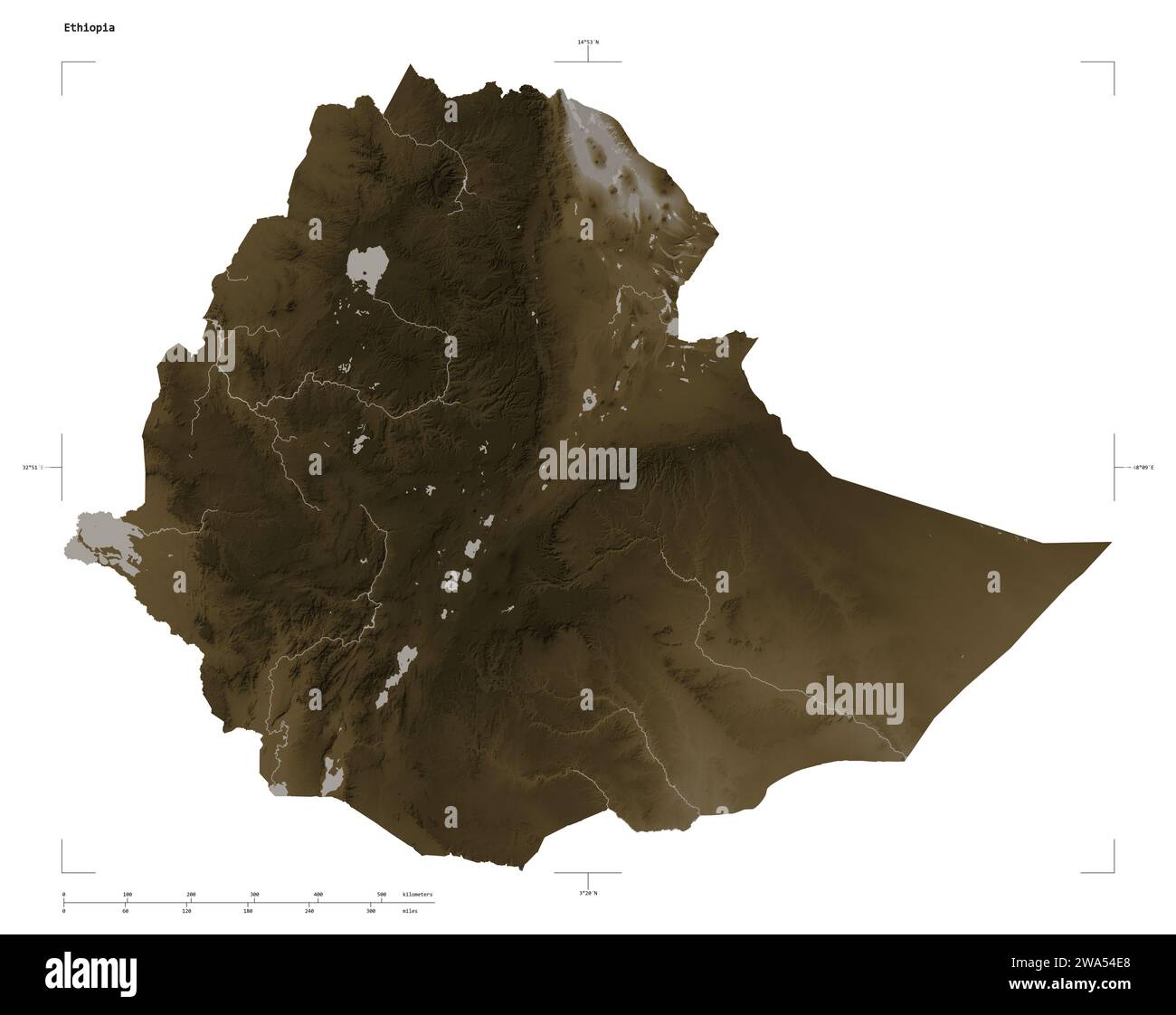 Shape of a elevation map colored in sepia tones with lakes and rivers ...