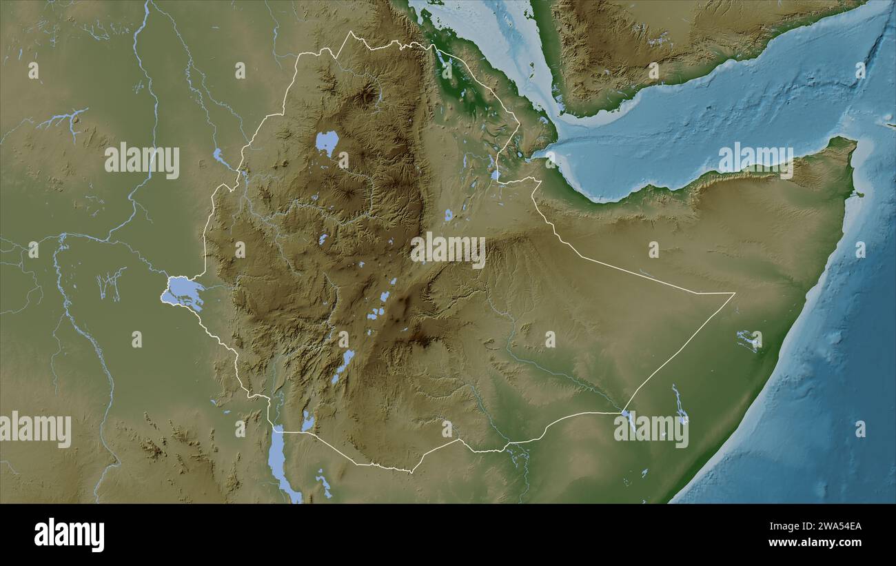 Ethiopia outlined on a Pale colored elevation map with lakes and rivers Stock Photo - Alamy