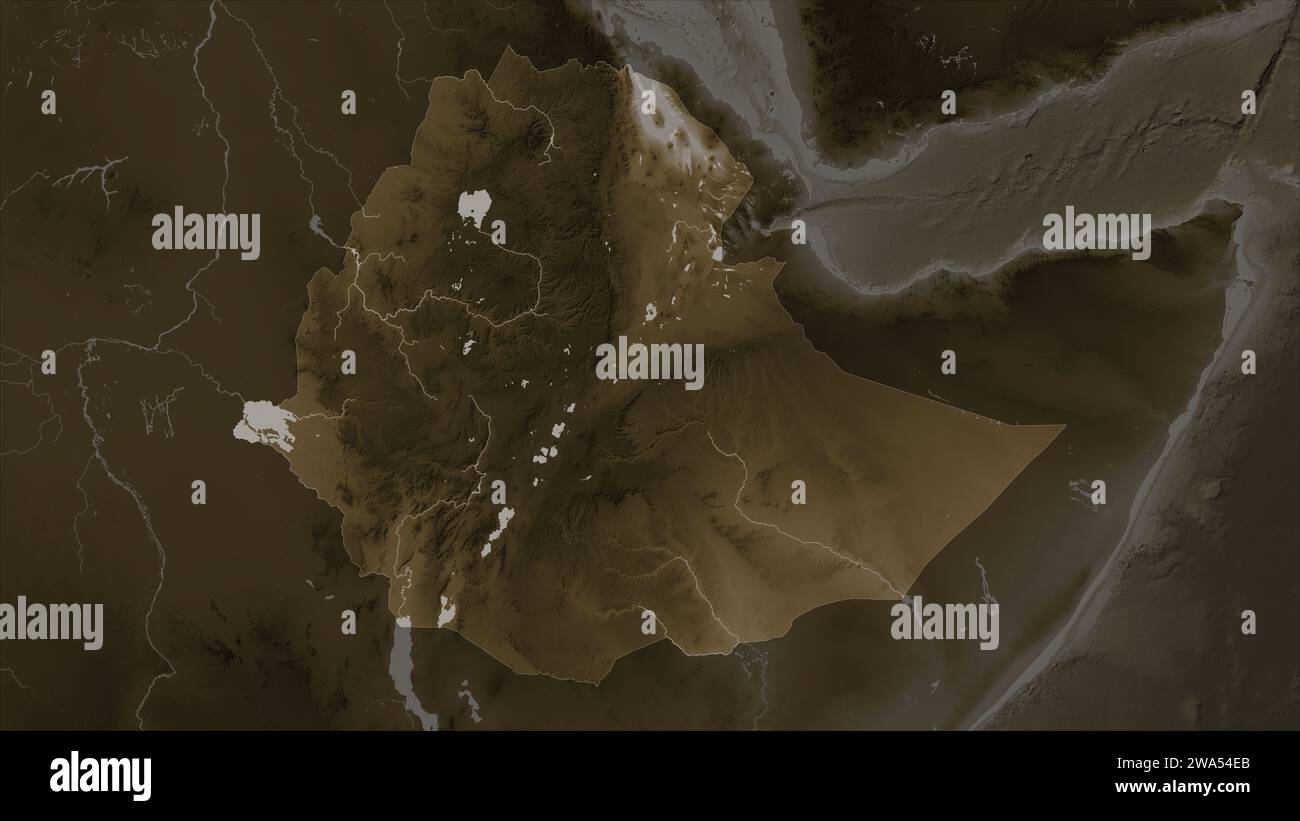 Ethiopia highlighted on a elevation map colored in sepia tones with ...