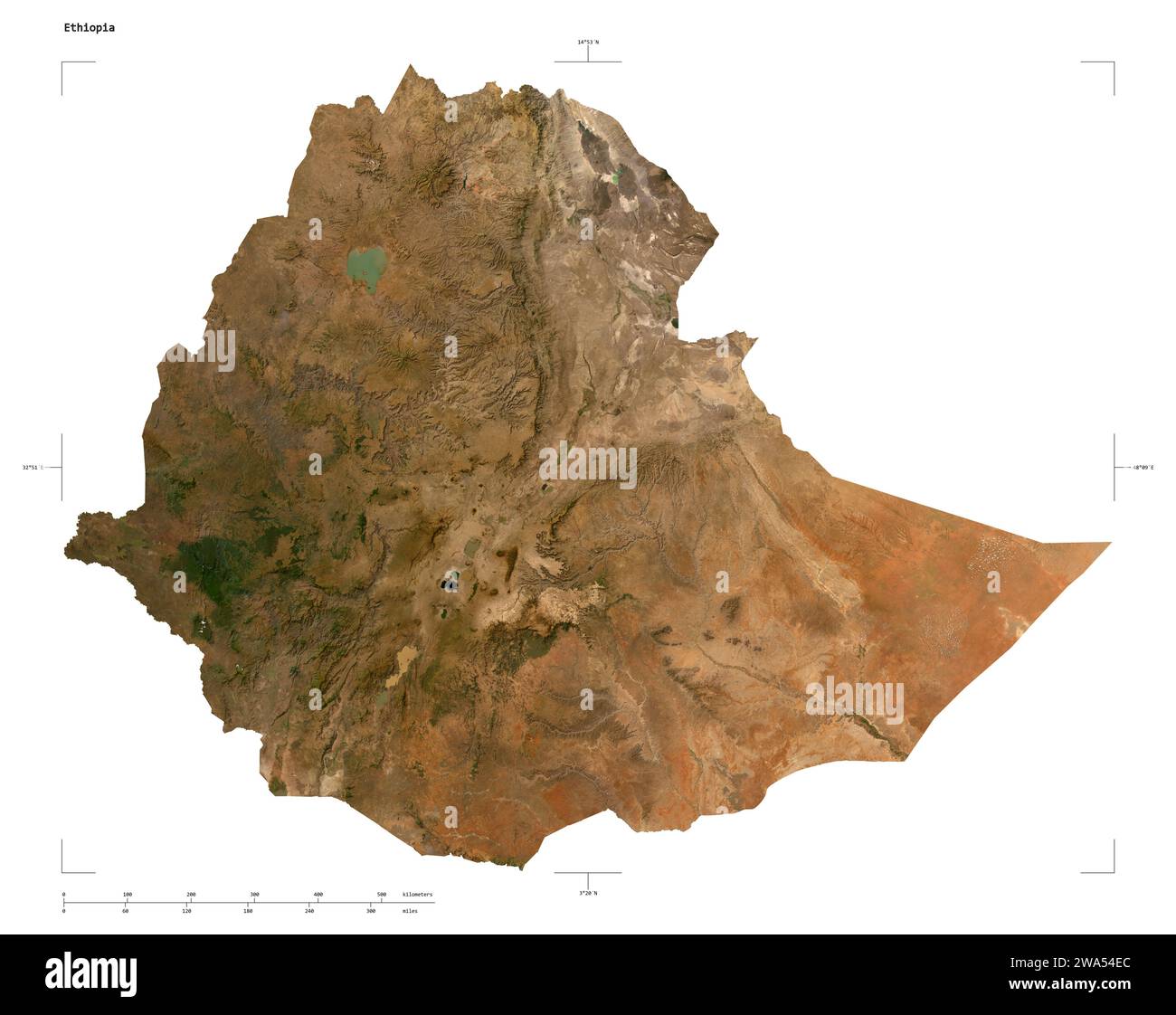 Shape of a low resolution satellite map of the Ethiopia, with distance scale and map border ...