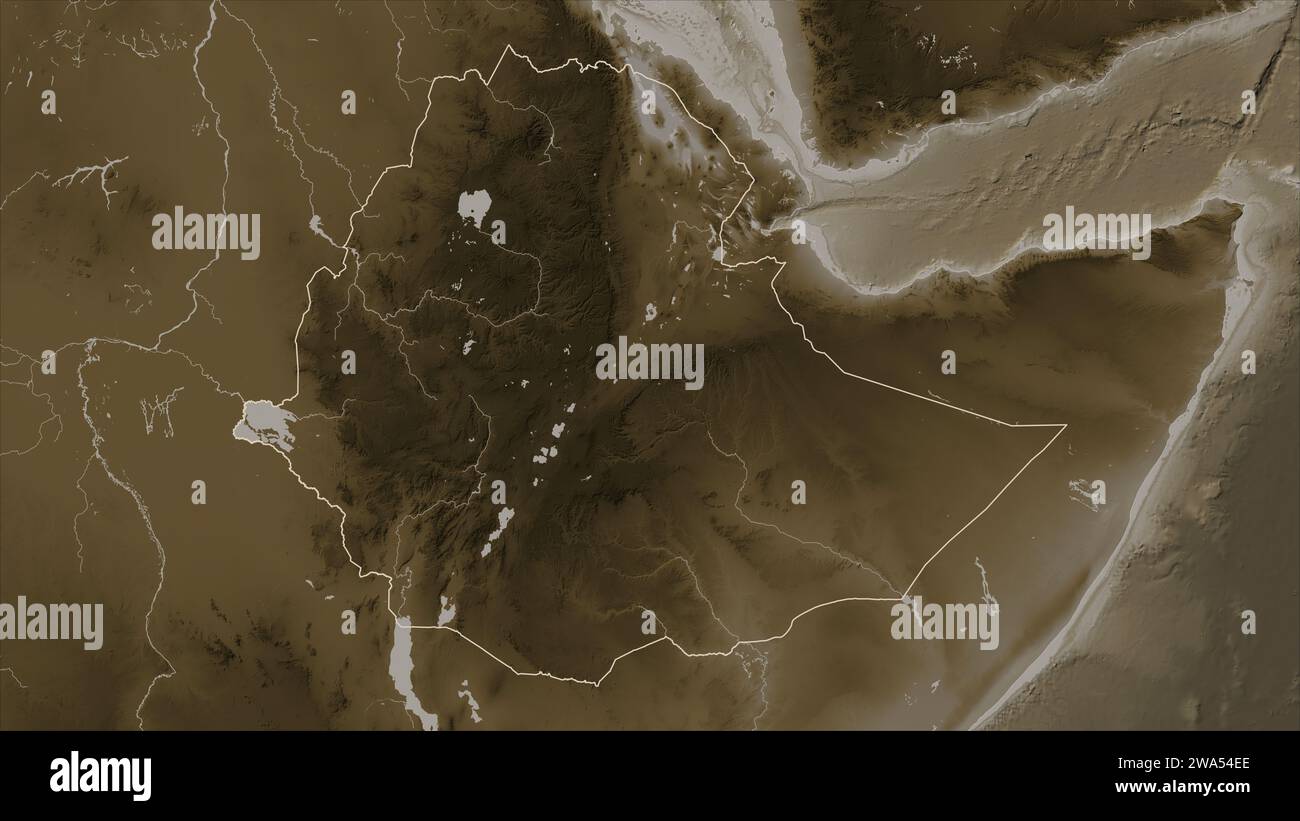 Ethiopia outlined on a elevation map colored in sepia tones with lakes ...