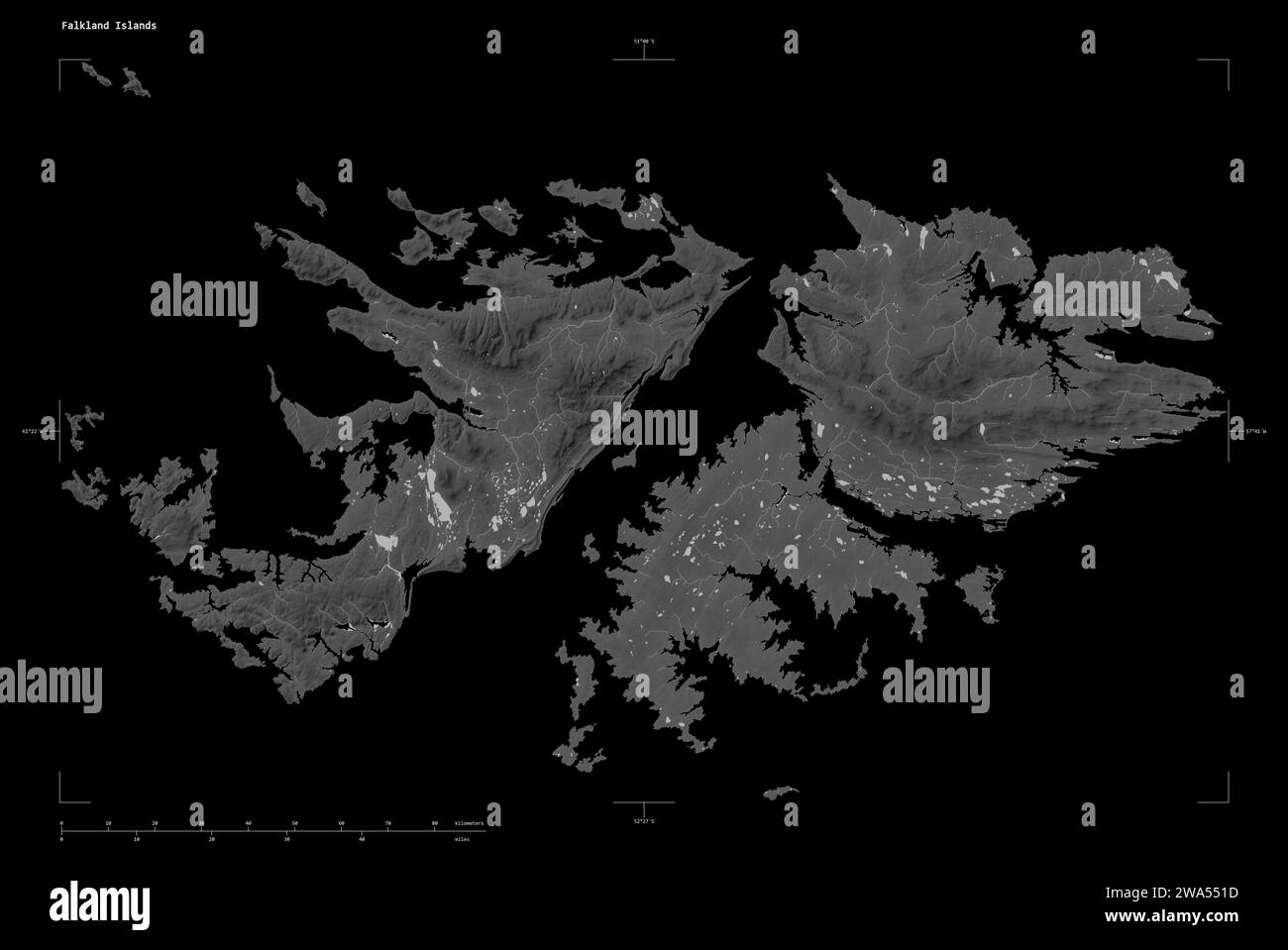 Shape of a Grayscale elevation map with lakes and rivers of the Falkland Islands, with distance ...