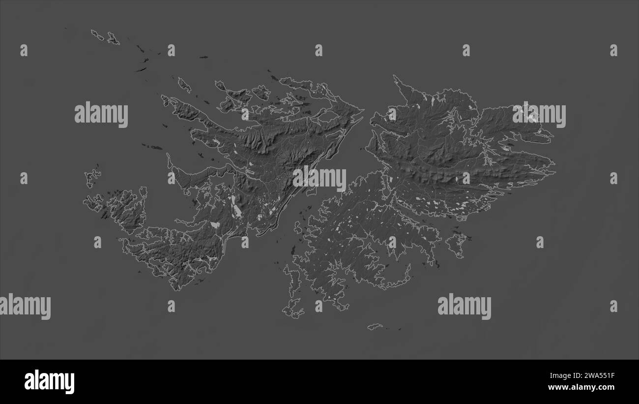 Falkland Islands highlighted on a Bilevel elevation map with lakes and ...