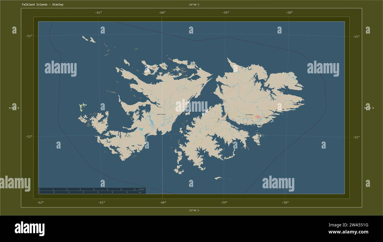 Falkland Islands highlighted on a topographic, OSM standard style map map with the country's ...