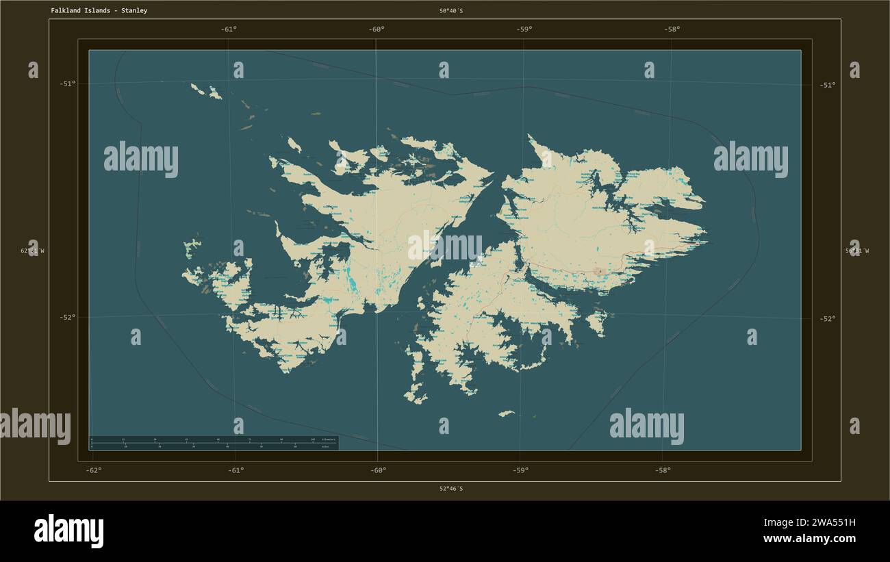 Falkland Islands highlighted on a topographic, OSM Humanitarian style map map with the country's ...